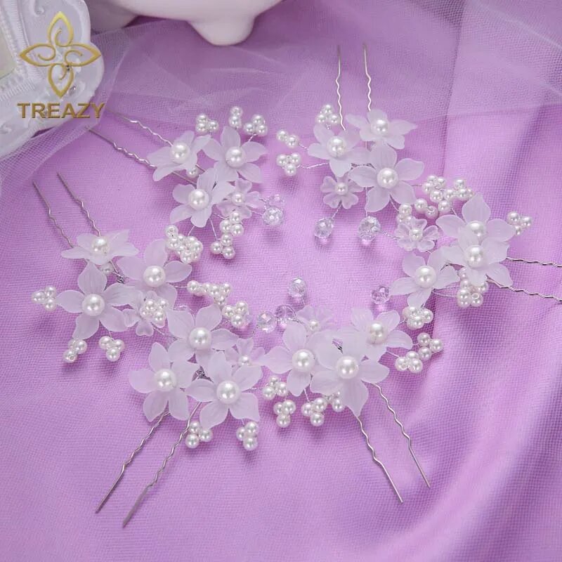 Заколки для волос TREAZY, 6 шт, серебряные, с искусственным жемчугом и цветами