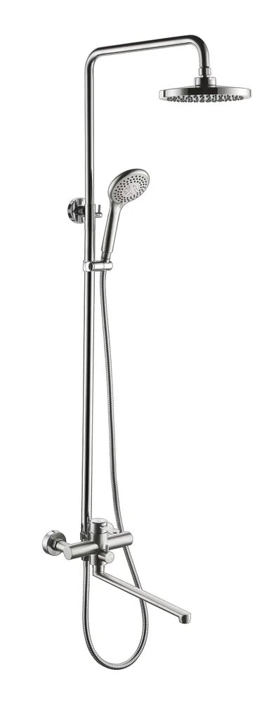 Душевая стойка Fmark FS8345-35 со смесителем, матовая, душевая система с тропическим душем, с изливом, с лейкой, нержавеющая сталь