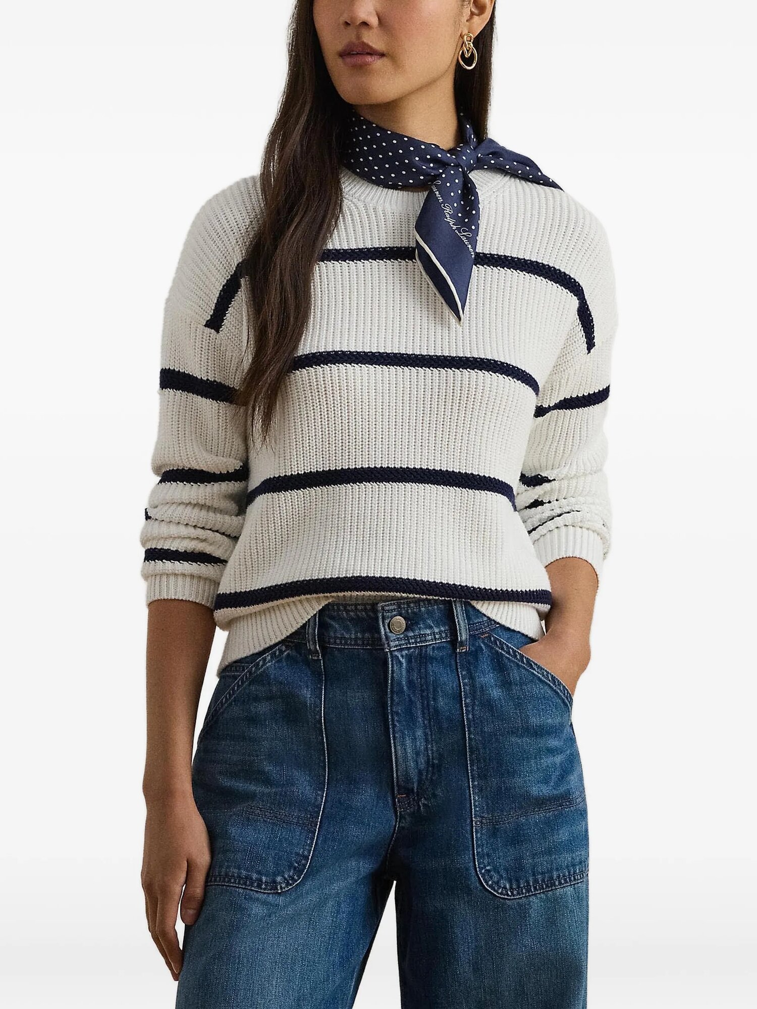 Свитер Lauren Ralph Lauren Striped ribbed-knit sweater, размер 42, , бежевый/белый — фото 1