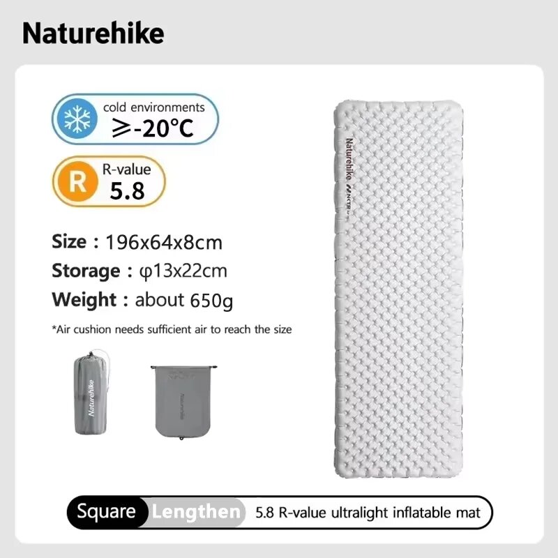 Naturehike Надувная матрас 3.2/5.8/8.8 R Value Внешний ультралегкий спальный подматрас Для кемпинга Портативный Односпальный Влагозащищенный - R5.8-Квадрат-196x64см
