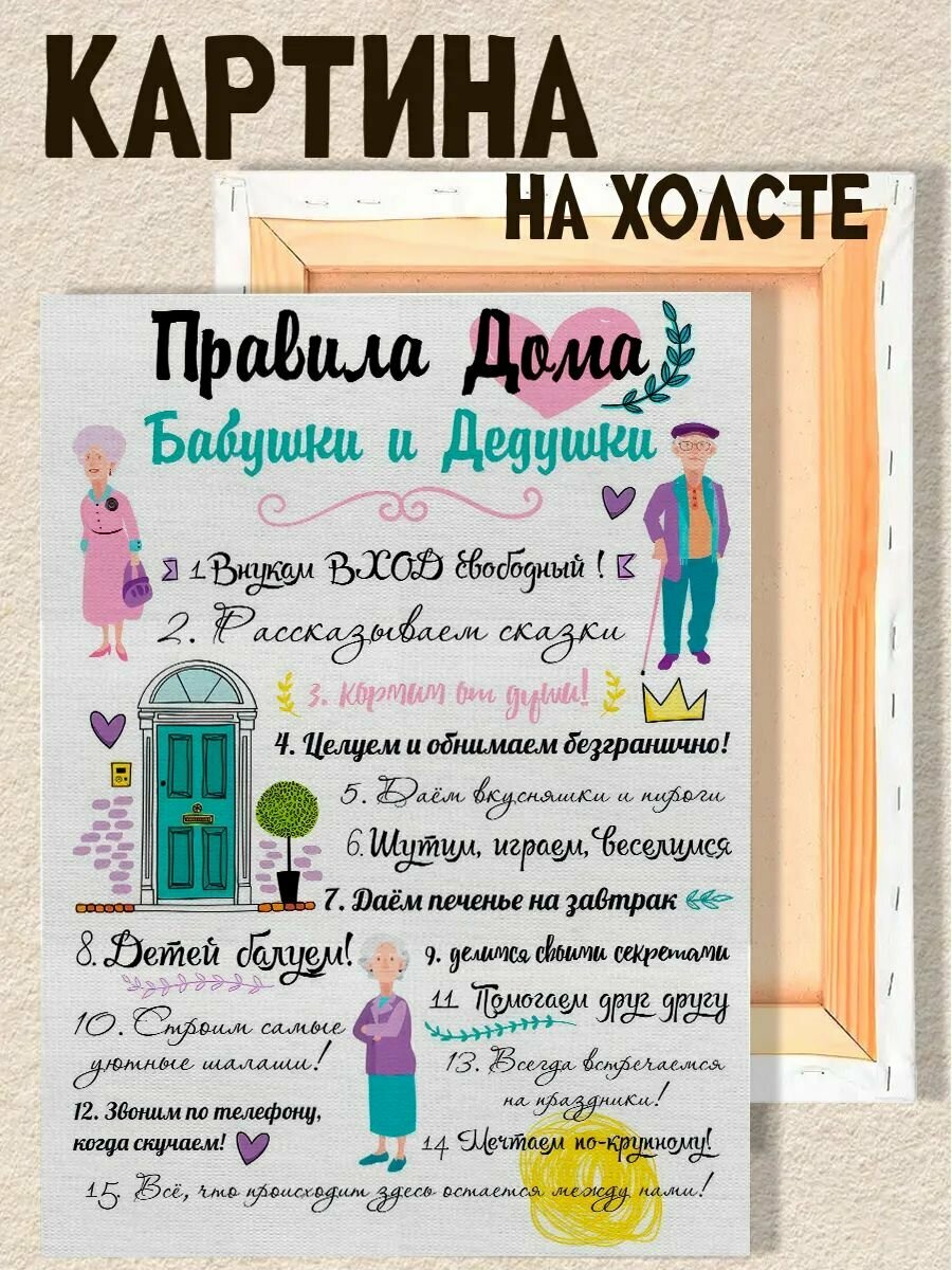 Картина на стену Правила бабушки и дедушки, на подрамнике, 1шт, 38х25 размер.