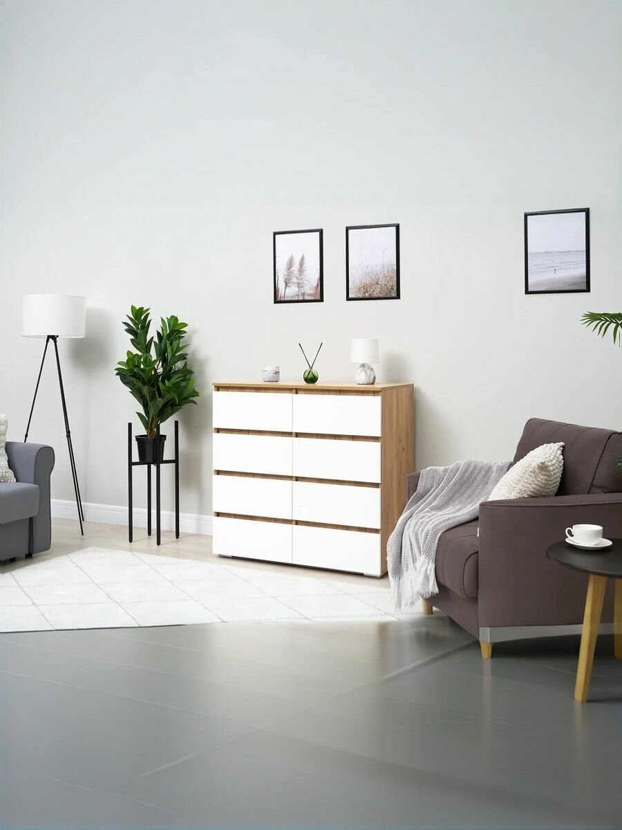Комод ирма КМ 14, 8 ящиков, 100,2 х 46 х 95,8 см, ЛДСП, Фасад Белый/ Корпус Дуб крафт золотой