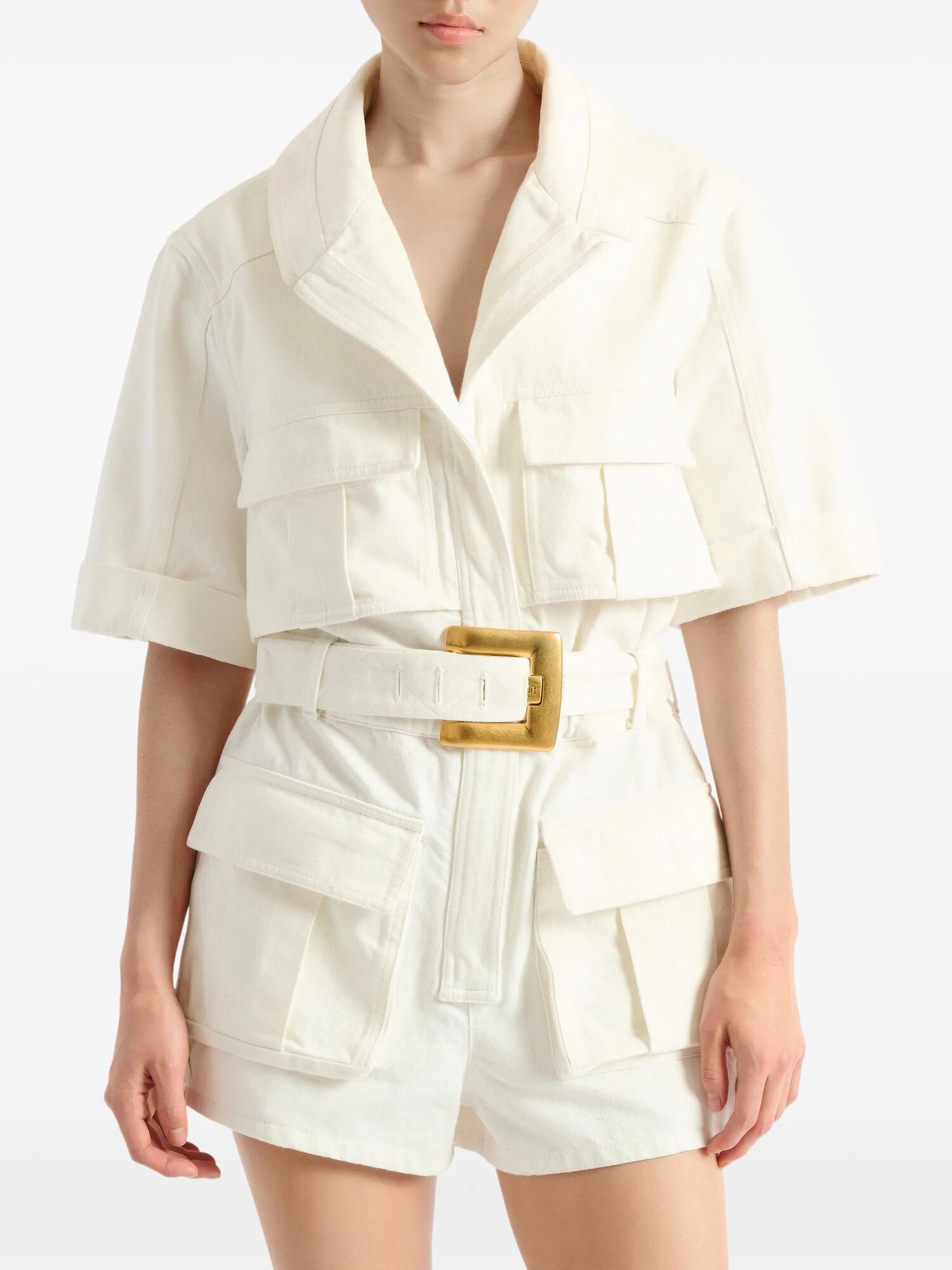 Комбинезон BALMAIN Belted denim playsuit, размер 38, white — фото 1