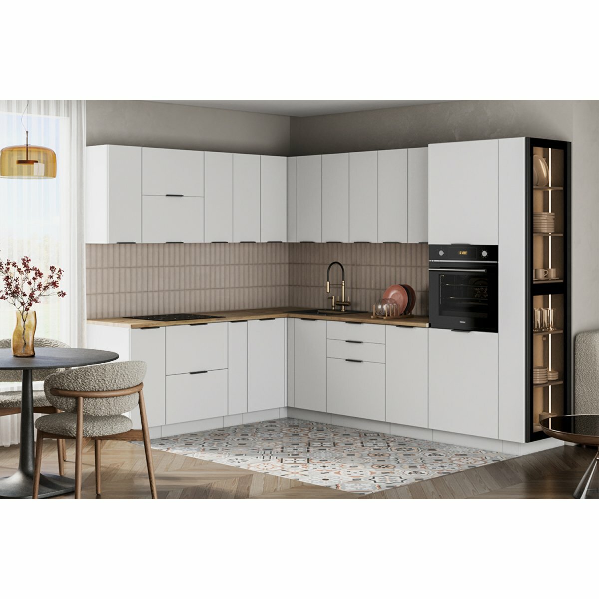 Кухонный угловой гарнитур Альбион 1,9*2,4м с ящиками, Белый матовый