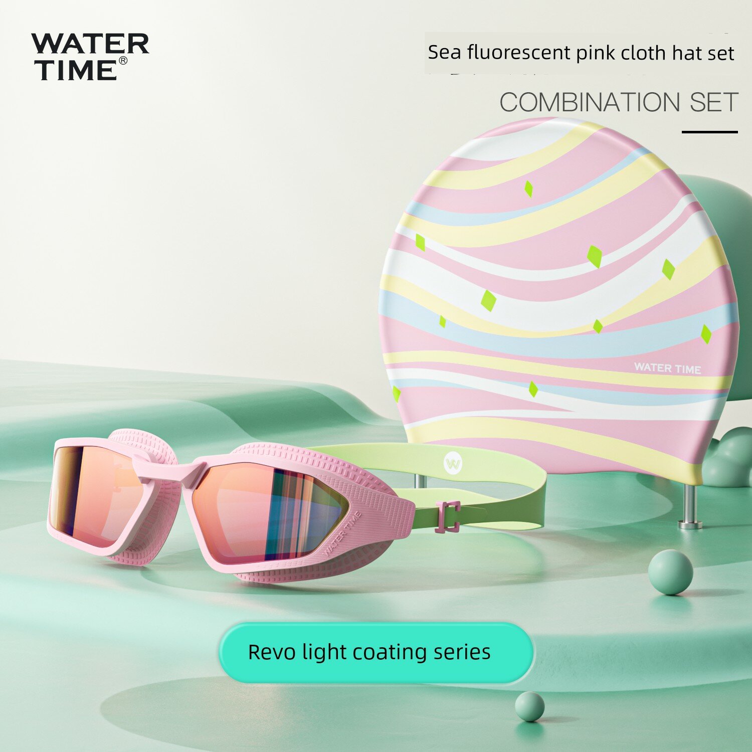 WaterTime Детские плавательные очки и удобная тканевая шапочка, для детей 4-15 лет, розовый