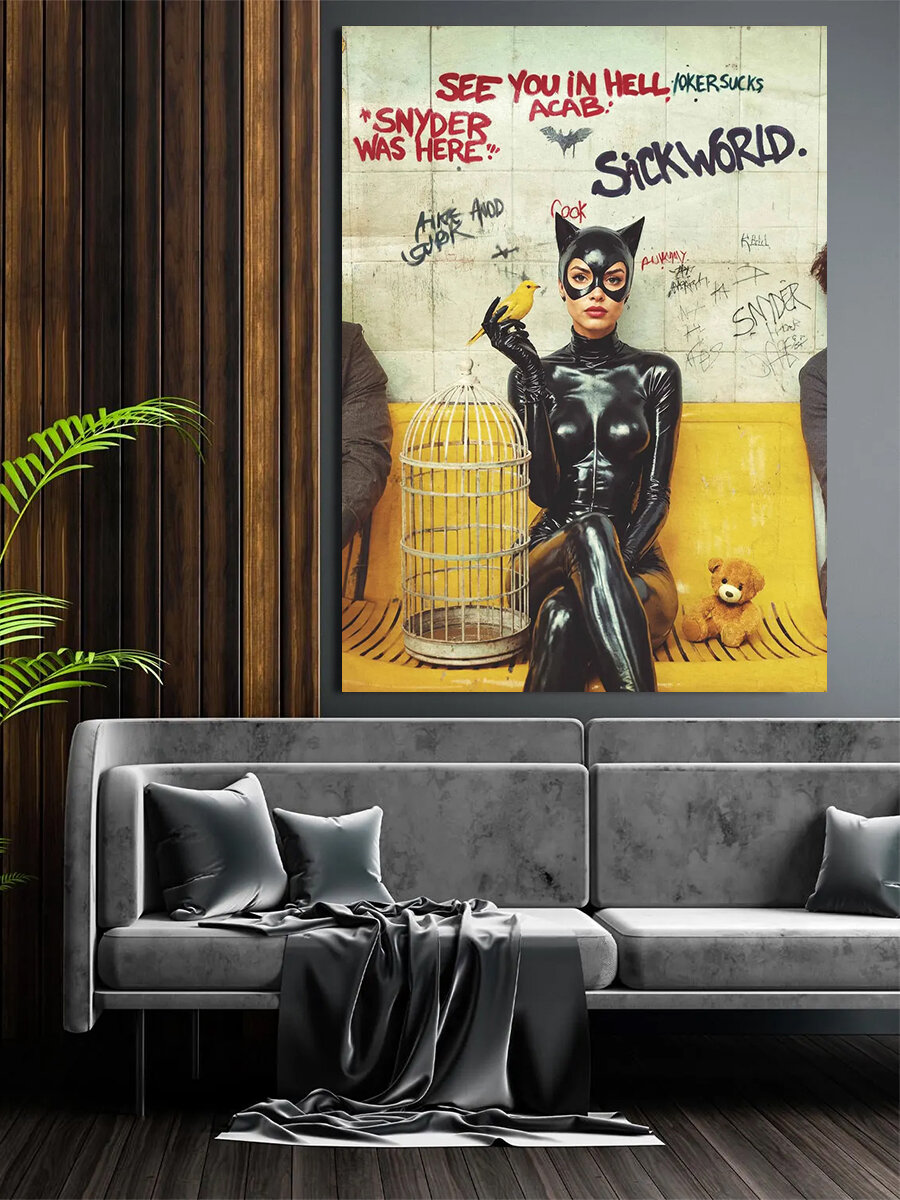 Картина Catwoman на фоне граффити Sick World с канарейкой, 40х60 см.