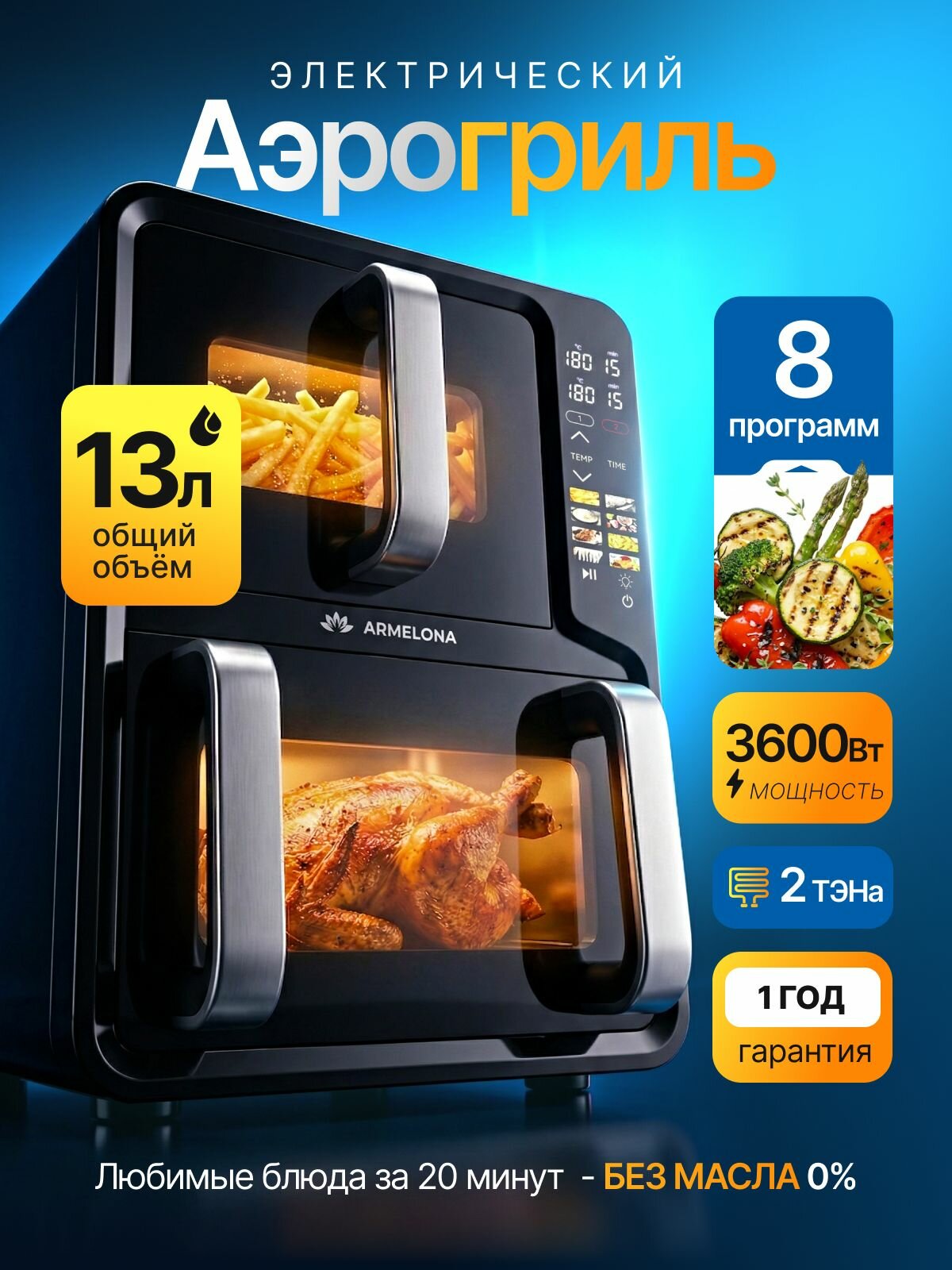 Аэрогриль с двумя чашами, 13л, 3600 Вт