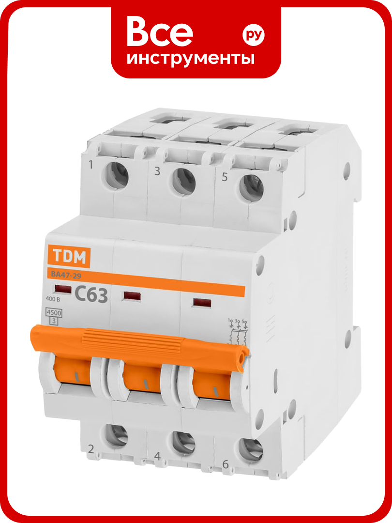 Автоматический выключатель TDM ELECTRIC ВА47-29 3Р 63А 4.5кА С SQ0206-0115, защитное
