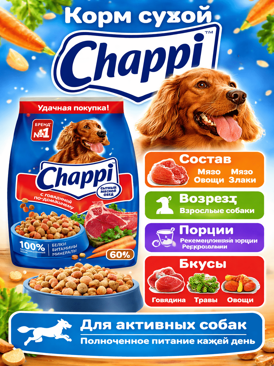 Корм сухой Chappi для собак с говядиной по-домашнему, 600г