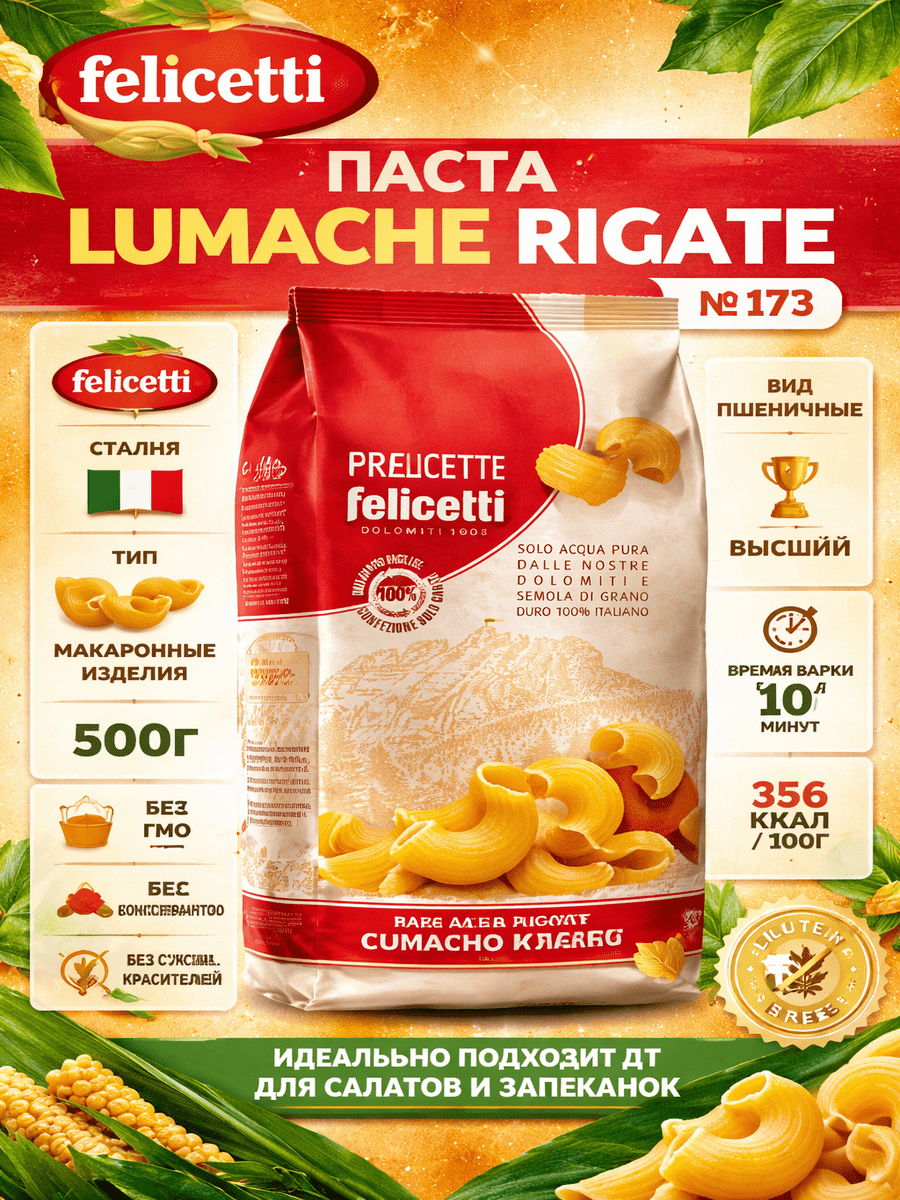 Макароны рожки Felicetti Lumache Rigate №173, 500г
