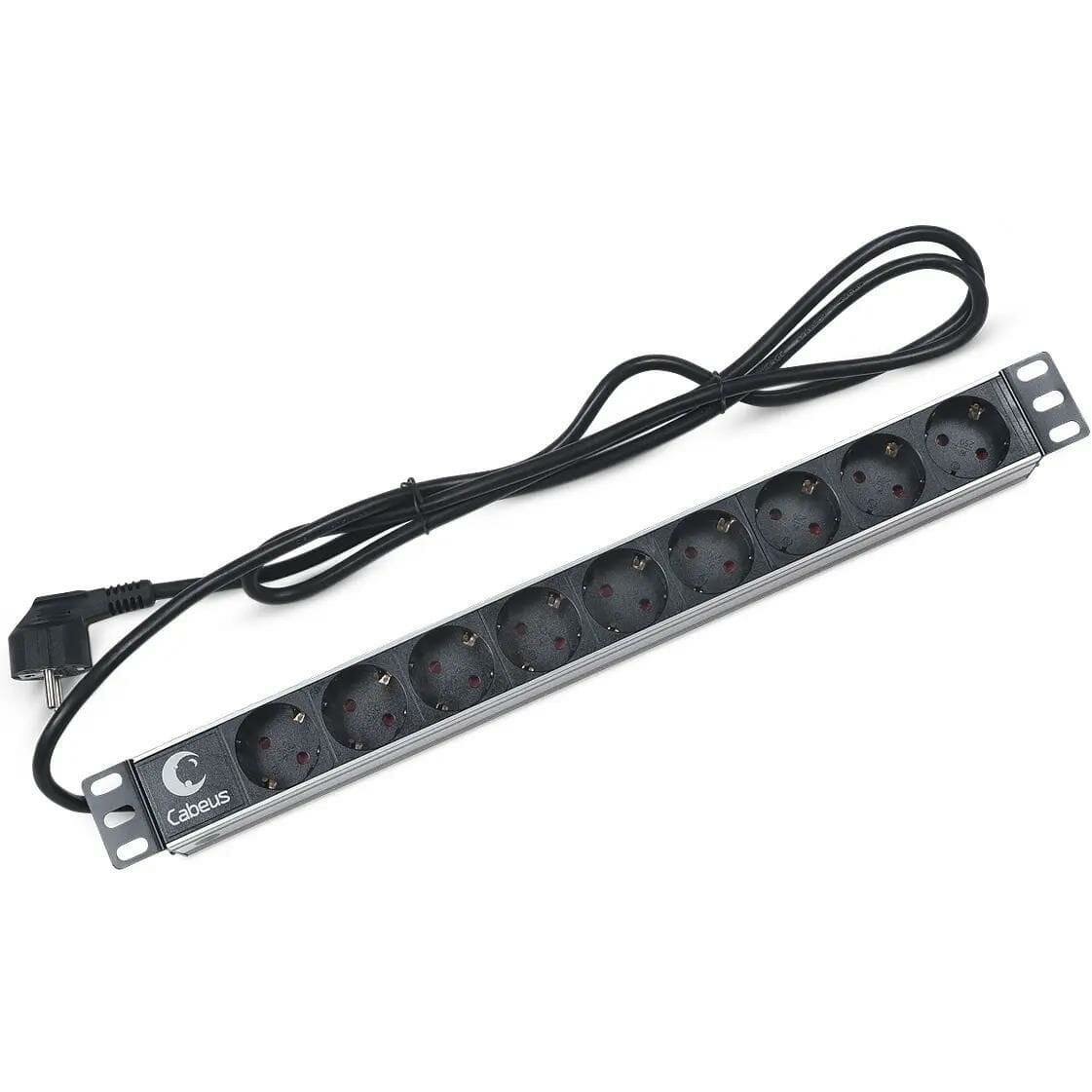 Cabeus PDU-9P-2EU Блок евророзеток для 19" шкафов, горизонтальный, 9 розеток, 16 A, без выключателя, шнур 2м, алюминиевый корпус, немецкий станда