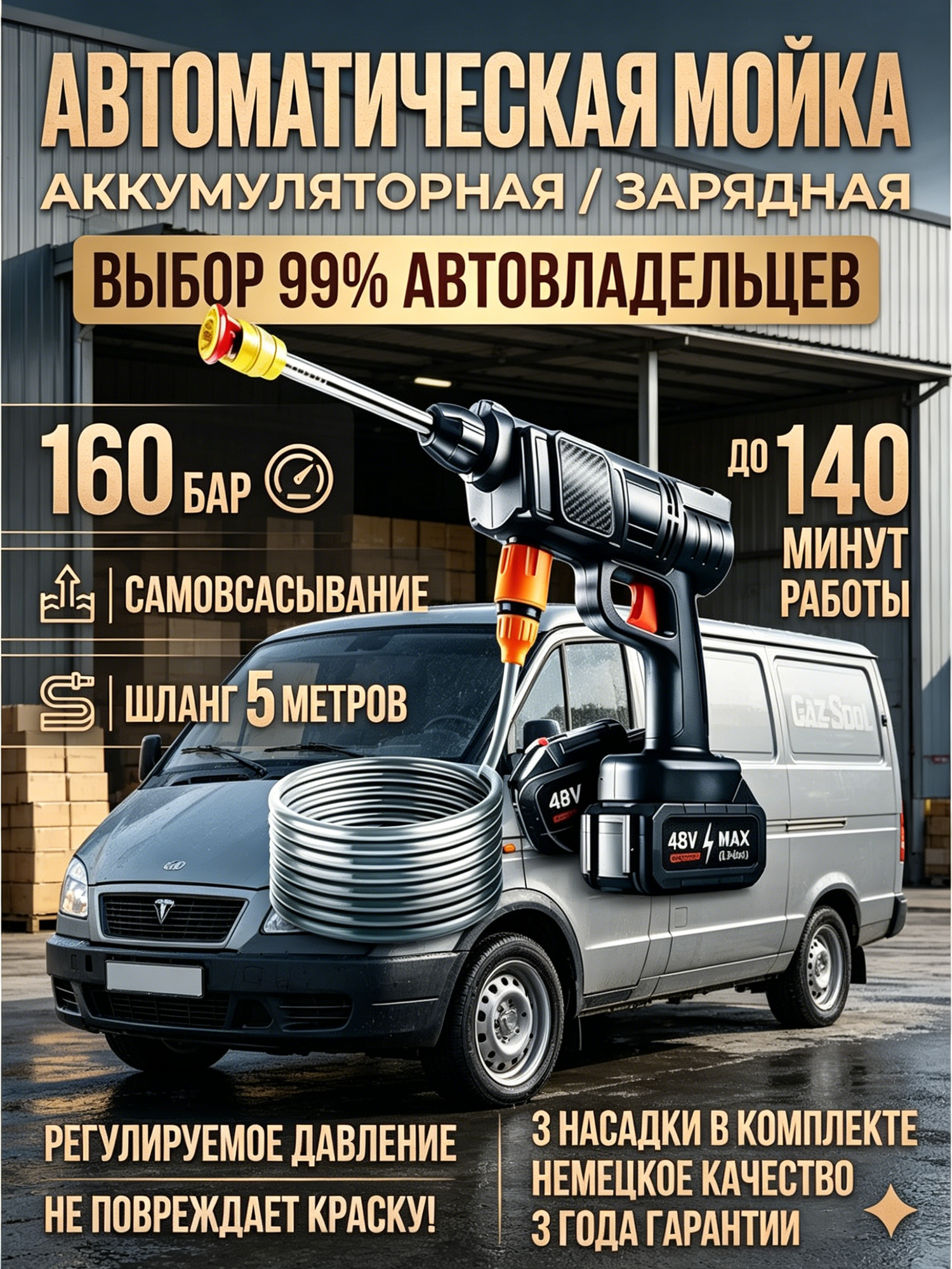 Мойка высокого давления, для автомобиля, дачи, сада, портативная, с аккумулятором