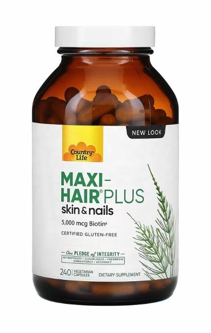 Country Life, Maxi-Hair Plus, витамины для волос ,5000 мкг, 240 вегетарианских капсул (1250 мкг в 1 капсуле)