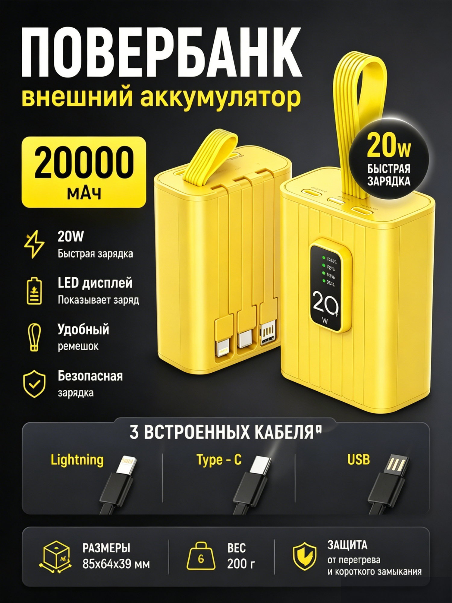 Повербанк 20000 мАч внешний аккумулятор для Iphone и Android
