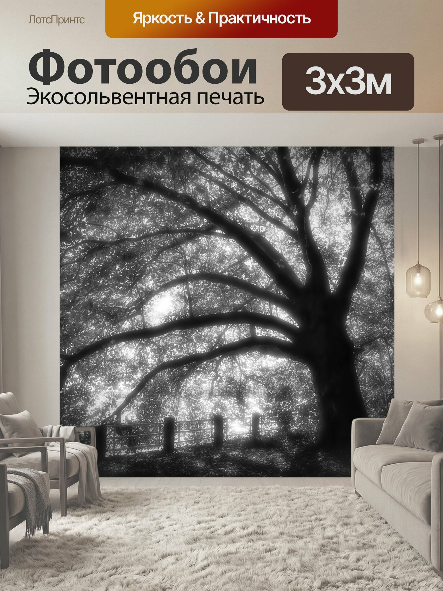 Фотообои "Дерево, черно-белый, лес" 300x300 см. экосольвентная печать