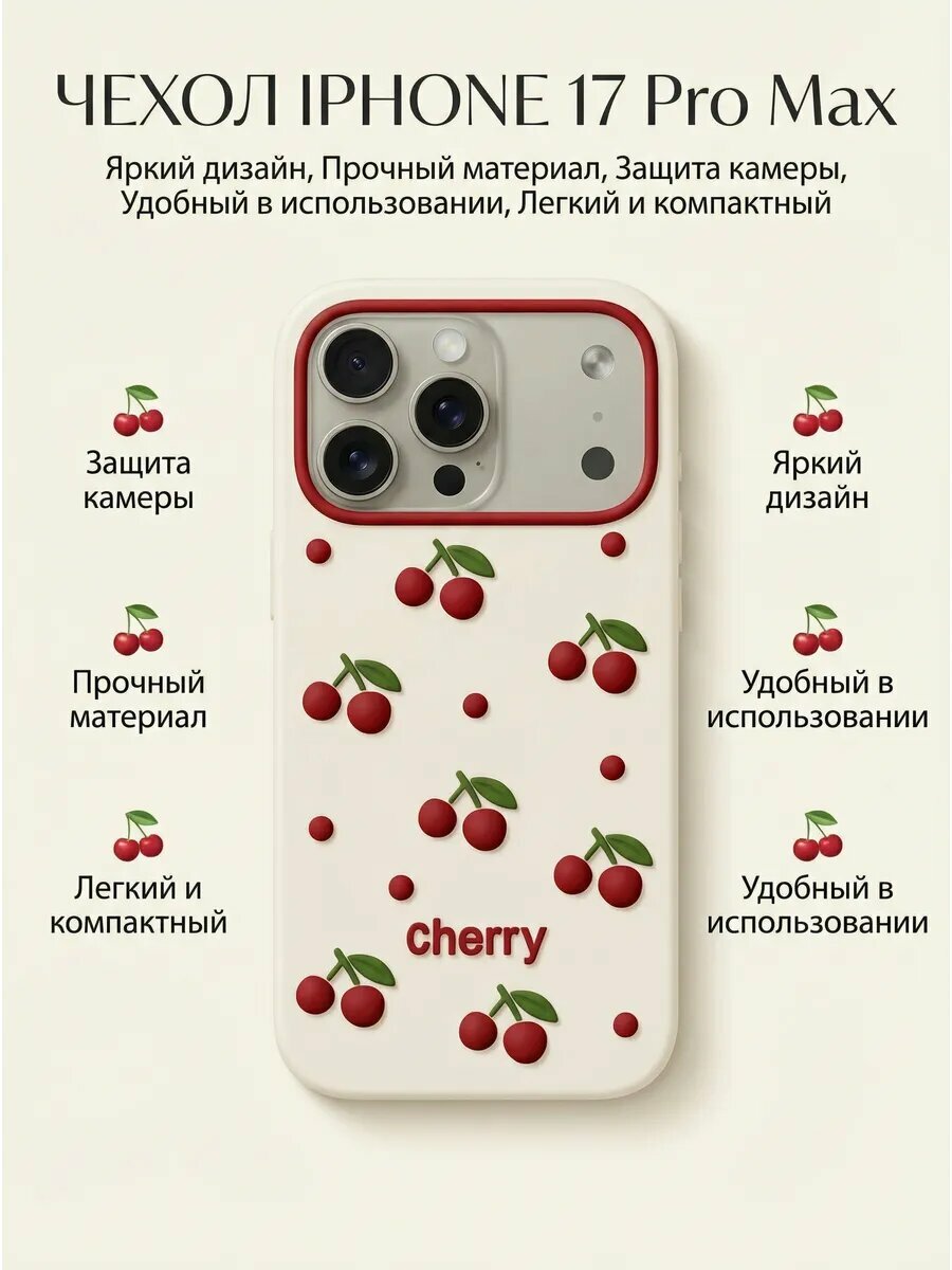 Защитный Чехол на Iphone 17 Pro Max бежевый, с вишнями, мягкий