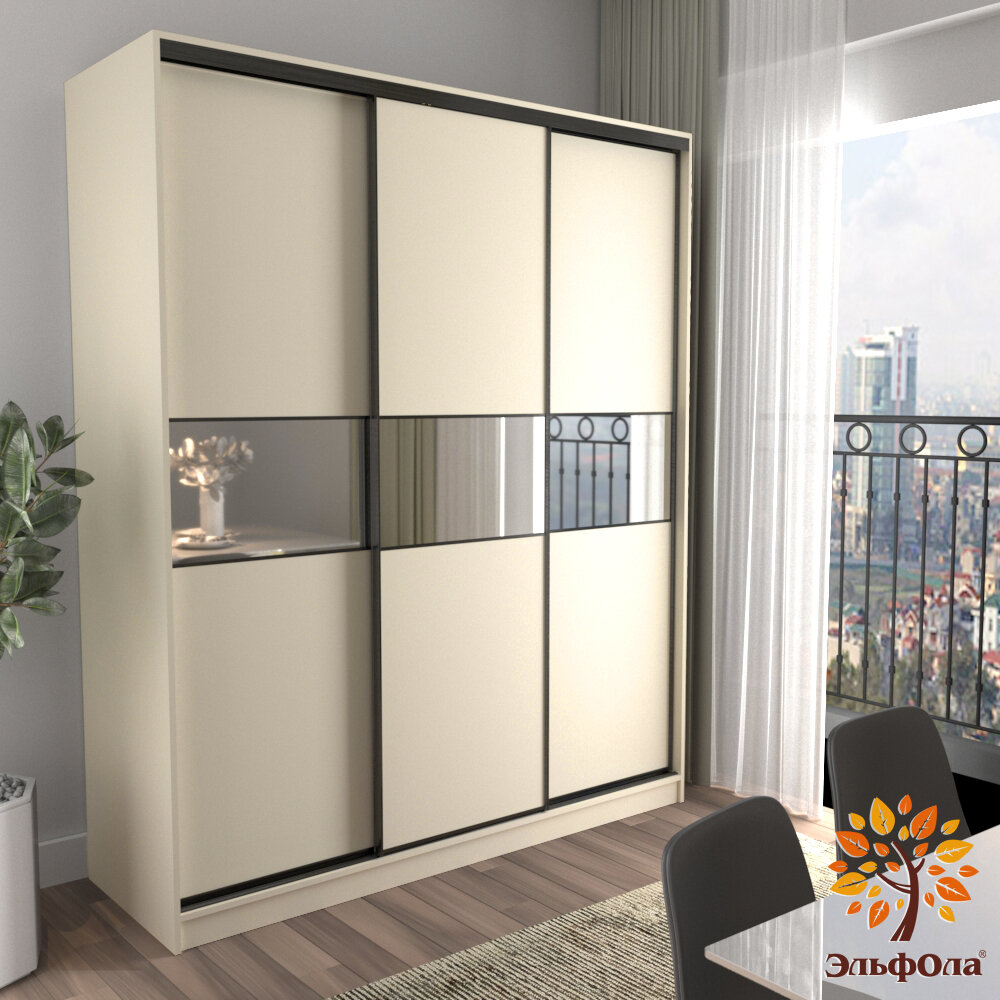 ЭльфОла Шкаф-купе "Гамма" 175х60х240 см, цвет слоновая кость/черный, с зеркалом, для одежды, трехдверный