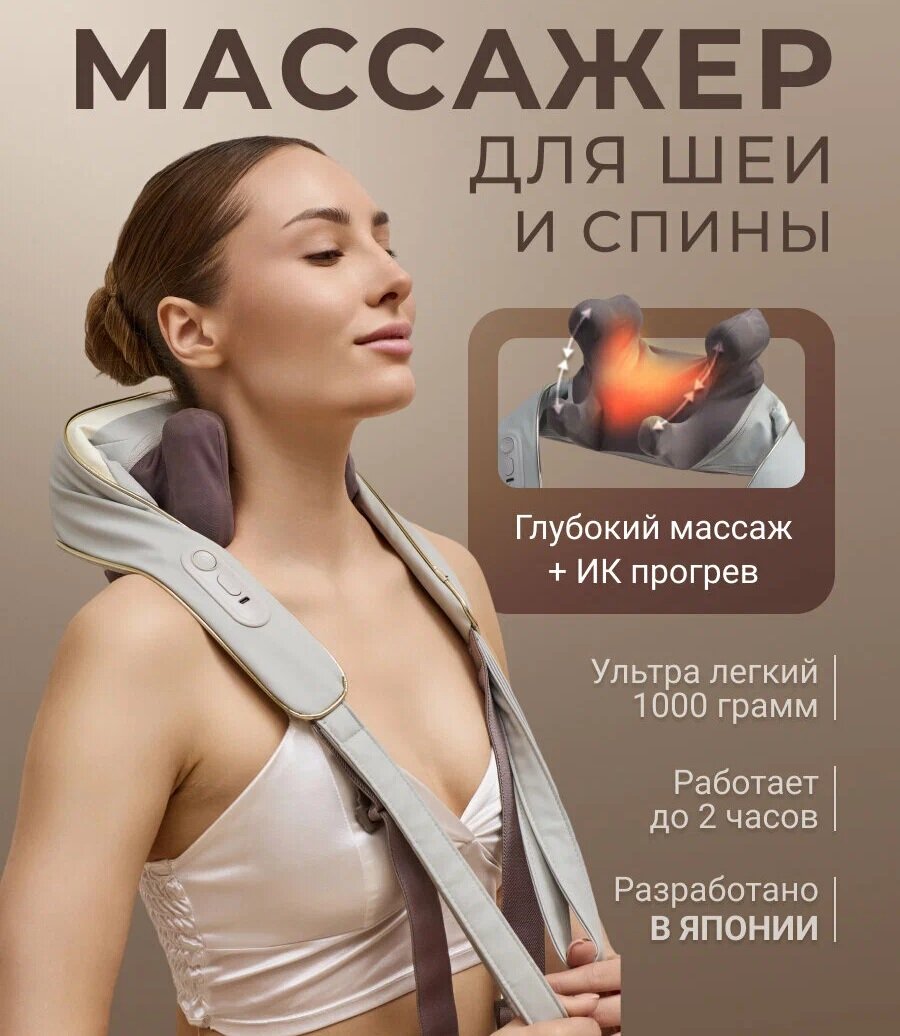 Для шеи и плечей массажер, роликовый, беспроводной, с подогревом - серый