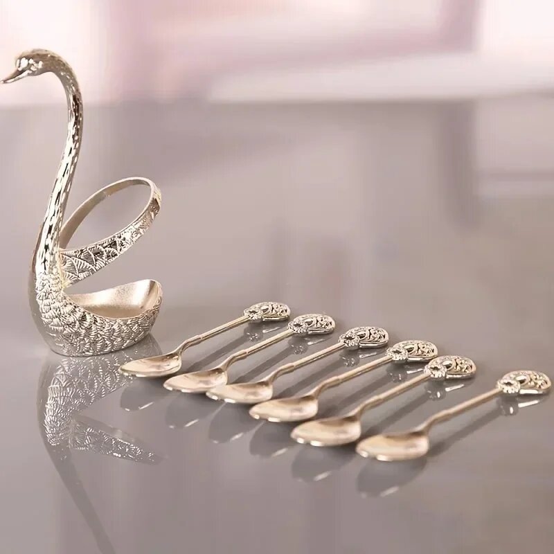 Серебряный набор ложек "Лебедь", 7 предметов