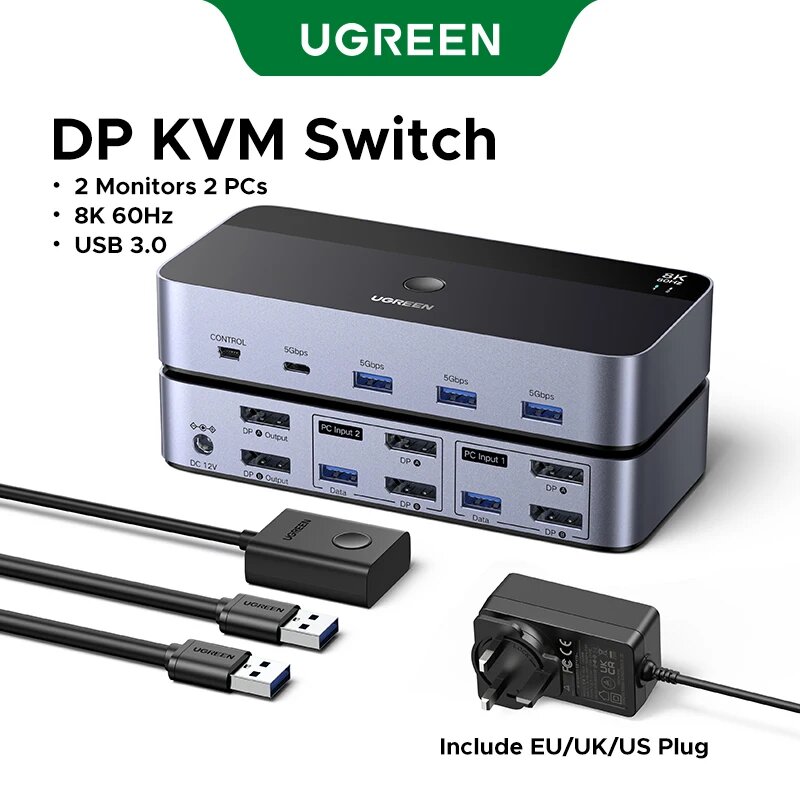 UGREEN DP KVM-переключатель 8K 60Hz для 2 ПК 2 монитора