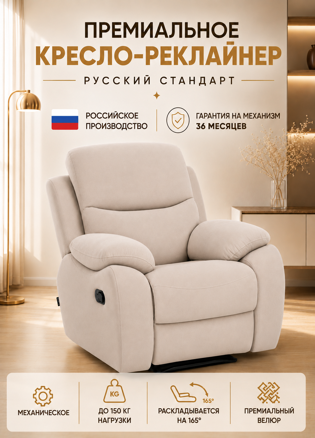 Кресло-реклайнер "Флиппер" , механическое "Русский стандарт", велюр, бежевое