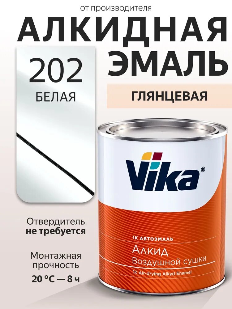 Алкидная эмаль автомобильная, 202 белая, Vika (Vika-60) глянцевая 1К, 0.8 кг