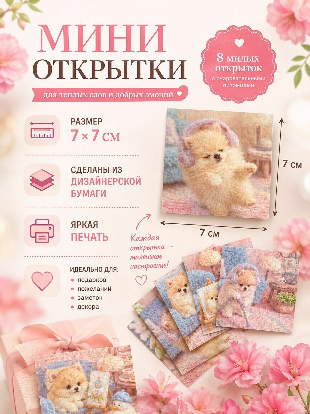 Мини-открытки подарочные с питомцами, комплект для записок и декора, 8 шт, 7х7 см