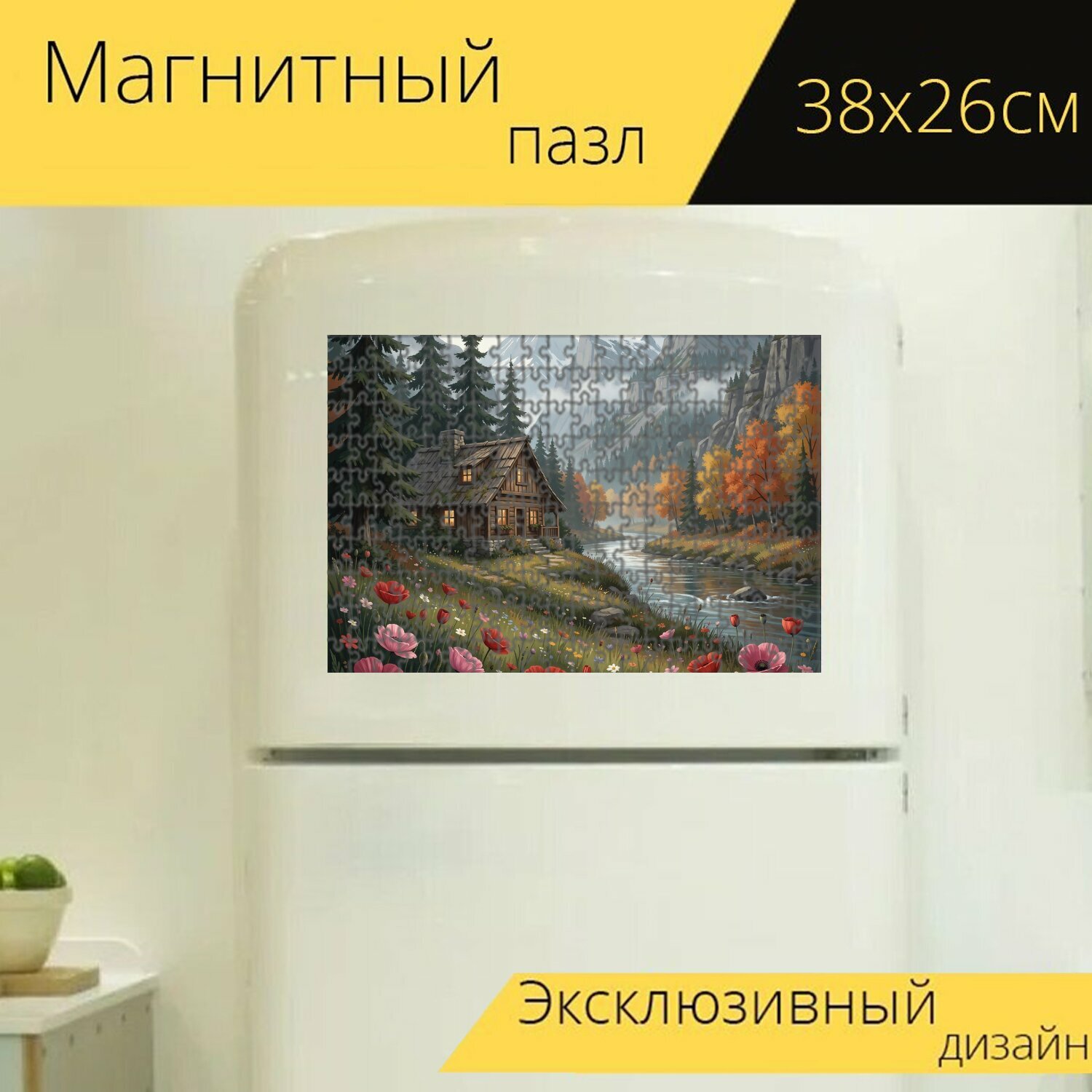 Магнитный пазл "Уютный дом в горной долине. Живописная альпийская долина с деревянной хижиной, хвойным лесом, снежными вершинами и рекой. Осенние." для интерьера, 38х26 см.