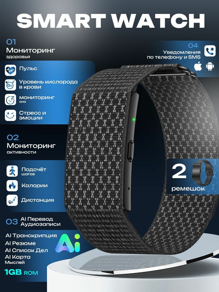 Фитнес-браслет с OpenAl, Bluetooth, 1Гб, ИИ-расшифровка записей, Мониторинг здоровья, отслеживание физической активности, напоминания о звонках и сообщениях