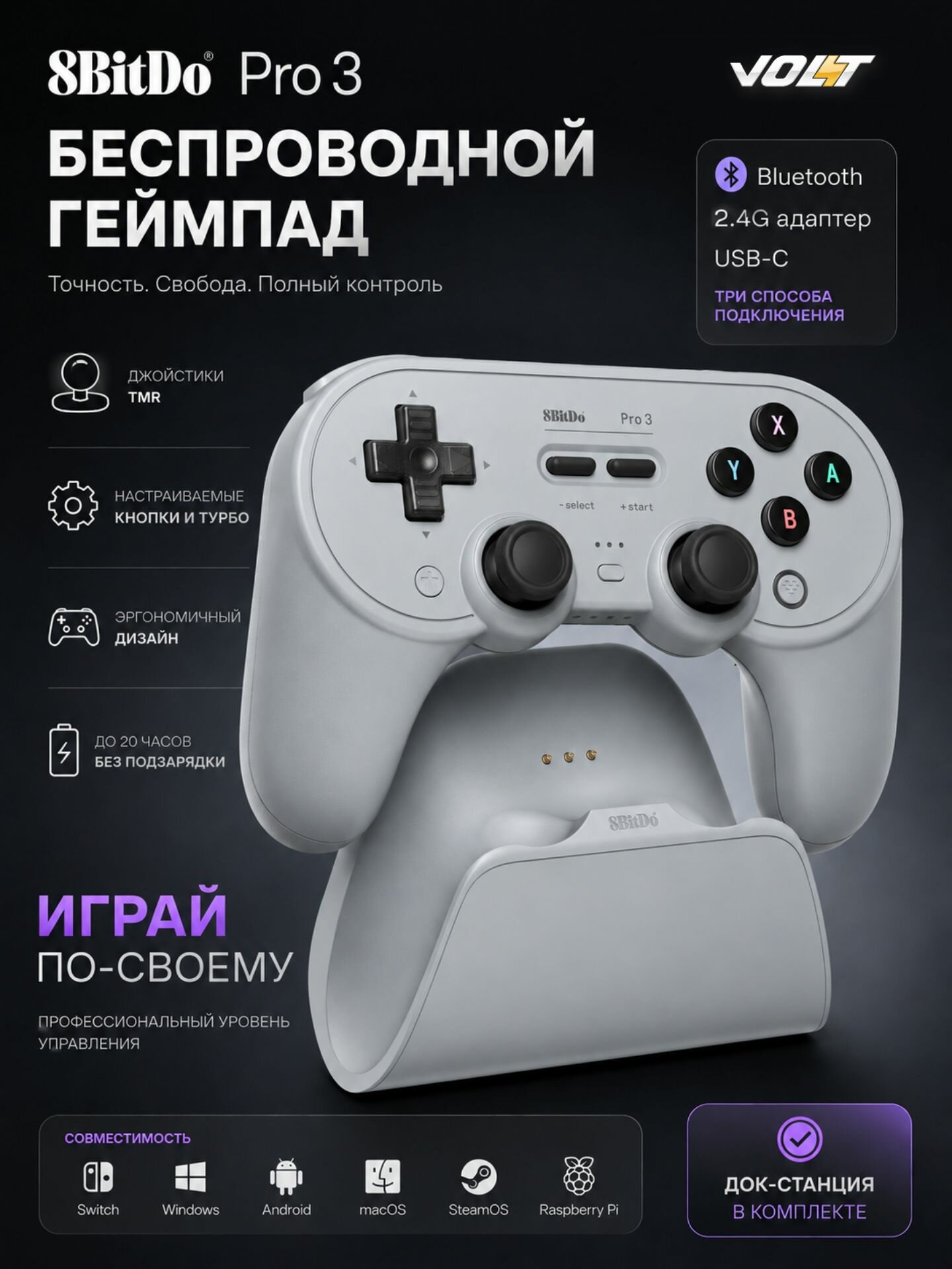 Беспроводной геймпад 8BitDo Pro 3 Wireless Gamepad Grey (Bluetooth, радиоканал 2.4G, контроллер для ПК, Android, Switch)