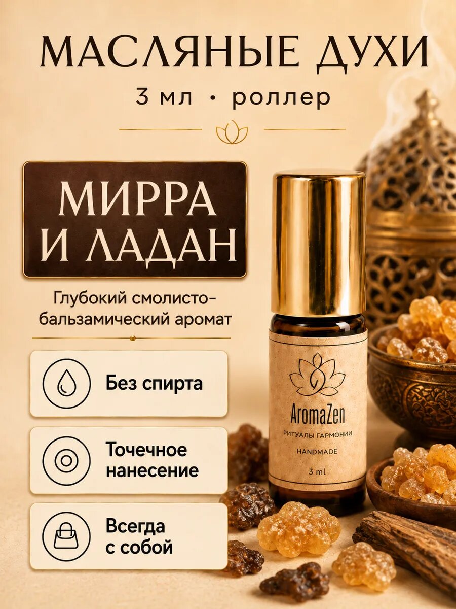 Масляные духи роллер "Мирра и ладан", женские, без спирта, шариковые, 3 мл