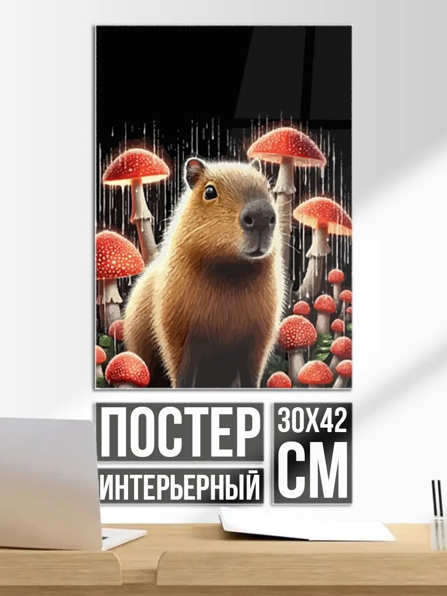 Постер на стену Капибара грибной дождь