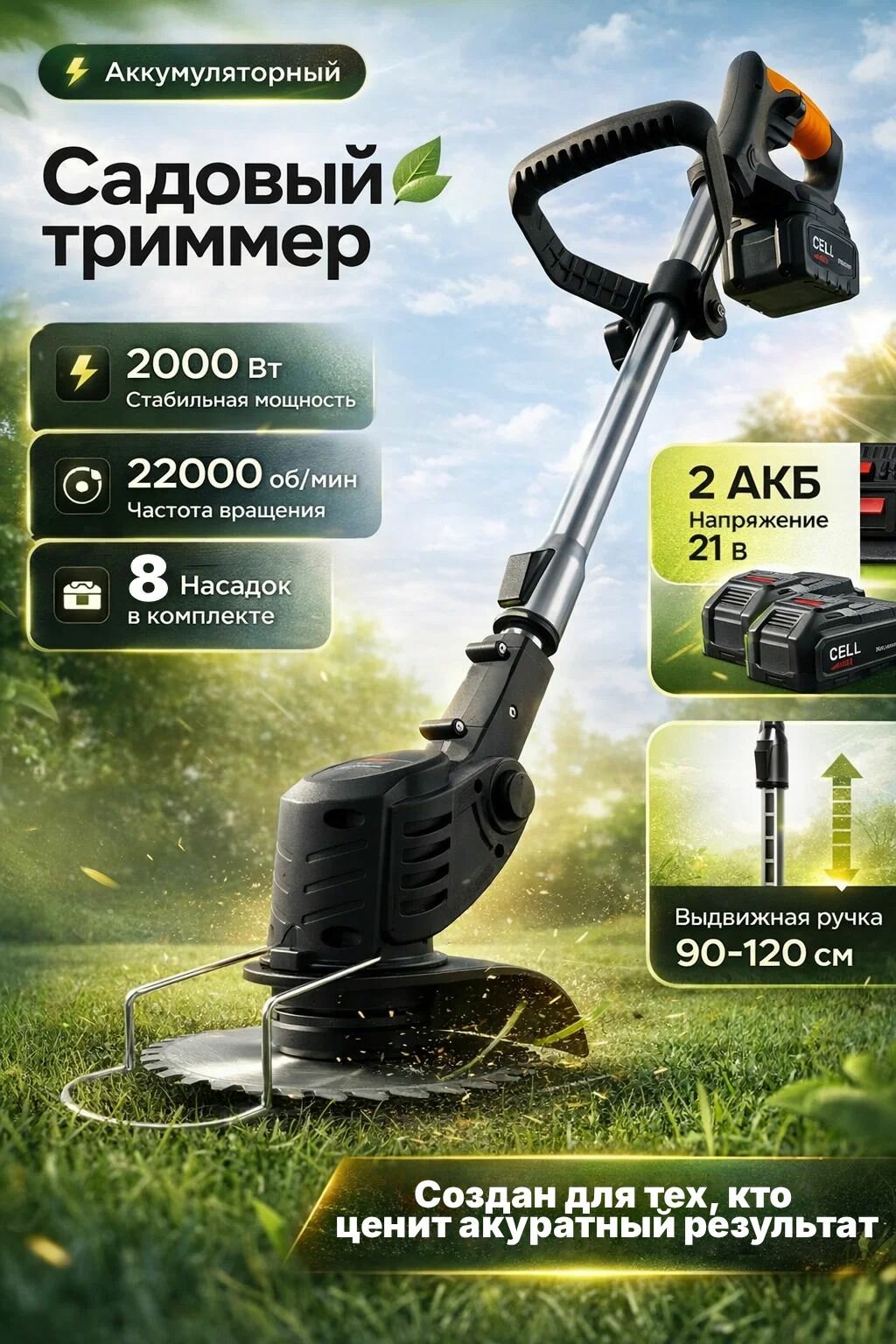Триммер аккумуляторный садовый с двумя аккумуляторами, газонокосилка ручная 20000 об. мин