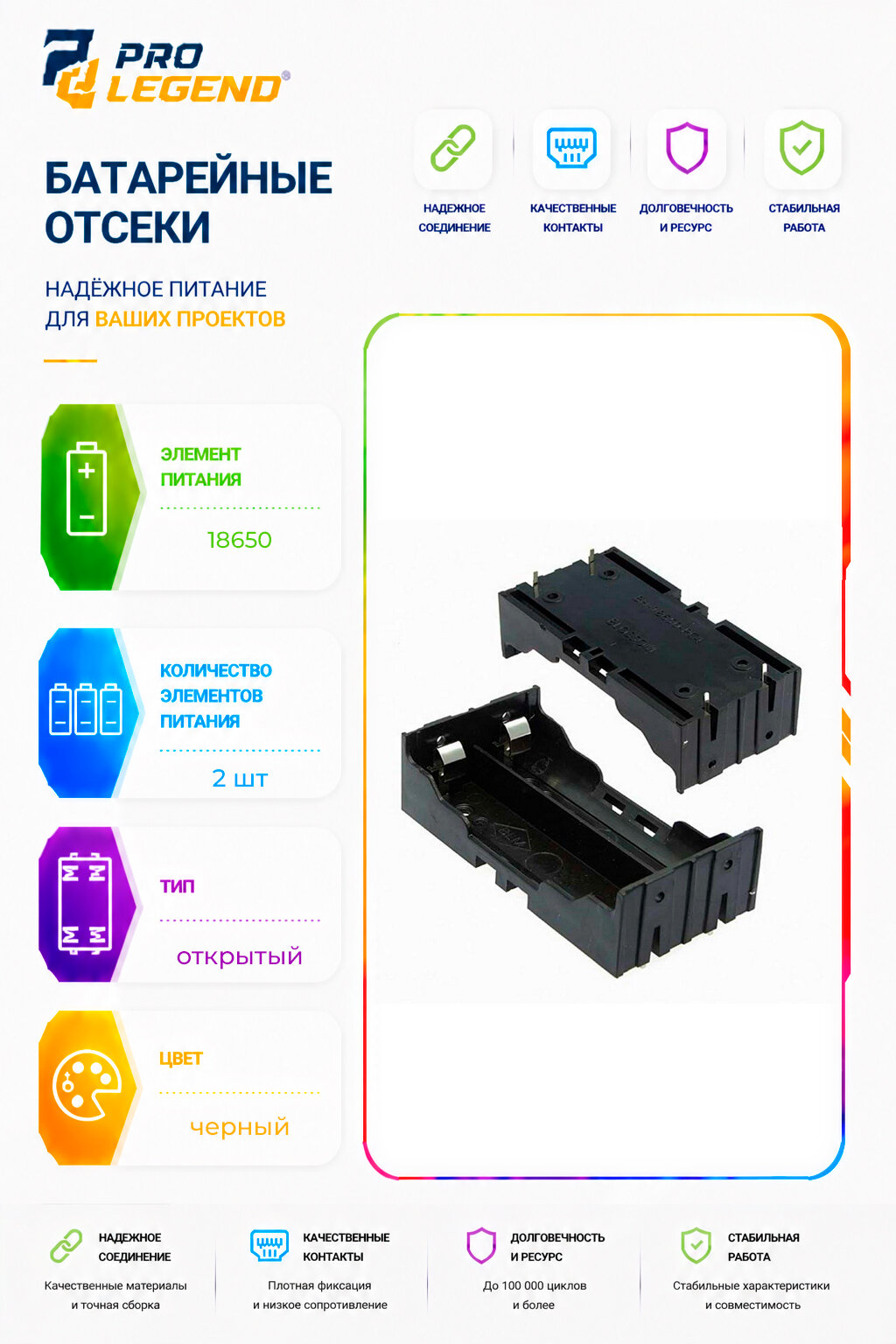 Батарейный отсек Battery Holder for Li-ion 2X18650, открытый