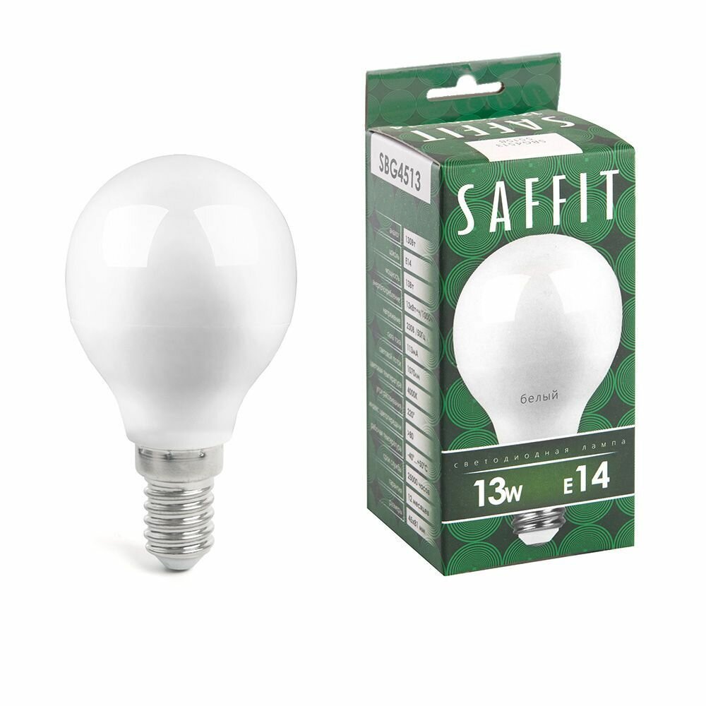 Лампа светодиодная SBG4513 Шарик E14 13W 230V 4000K SAFFIT 55158