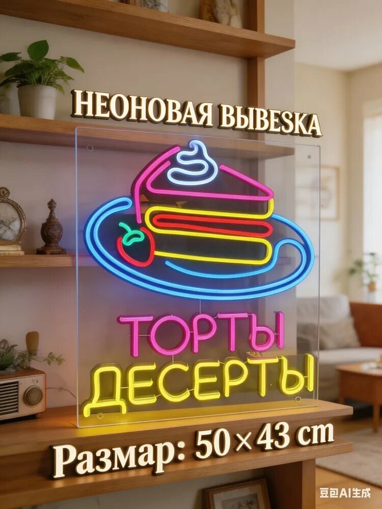 Неоновая вывеска "Торты и десерты" для кондитерской, пекарни и кафе