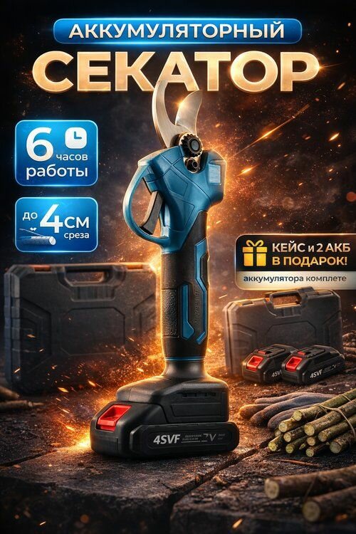 Секатор аккумуляторный электрический садовый с 2 аккумуляторами в кейсе