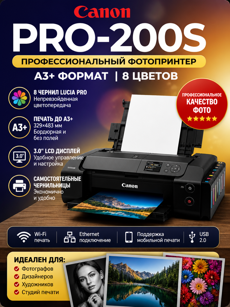 Фотопринтер Canon Pro200/Pro200S, черно-белая печать, 8 цветов, 4800 dpi, А3