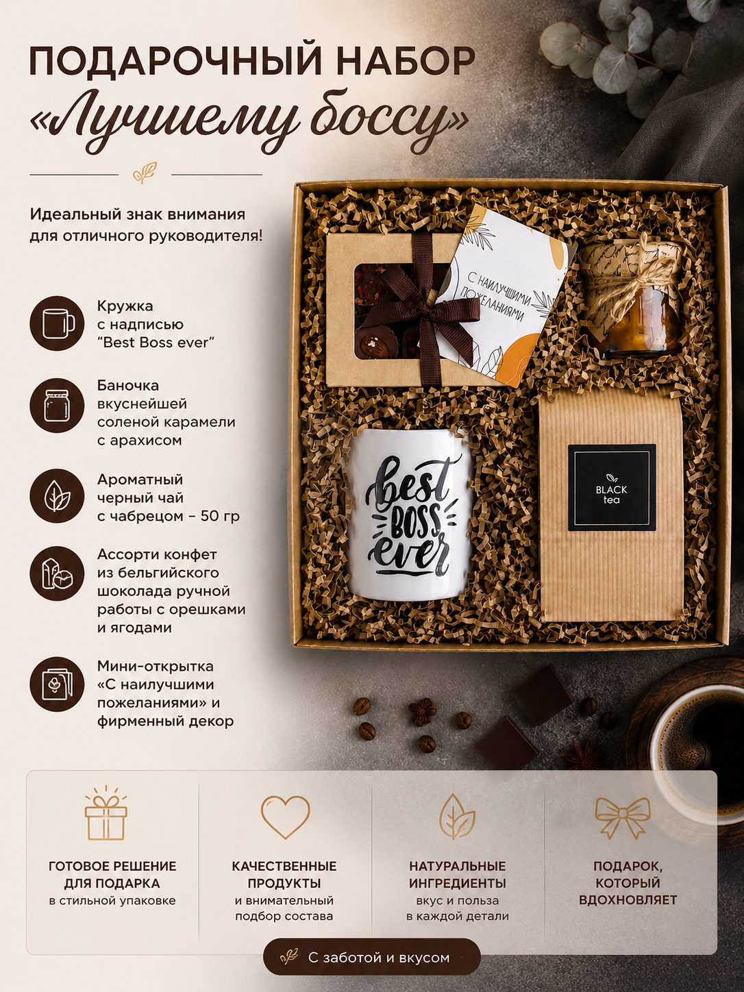 Подарочный набор PERFECT PRESENT "Best Boss", с кружкой, бельгийский шоколад, соленая карамель