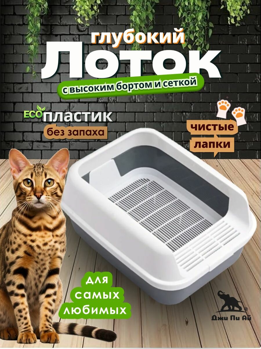 Лоток глубокий с высоким бортом и сеткой для кошек, животных 38*29*17