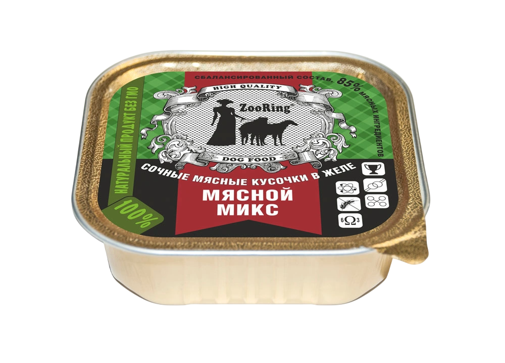 Консервы Зооринг для собак кусочки в желе Мясной микс 100г