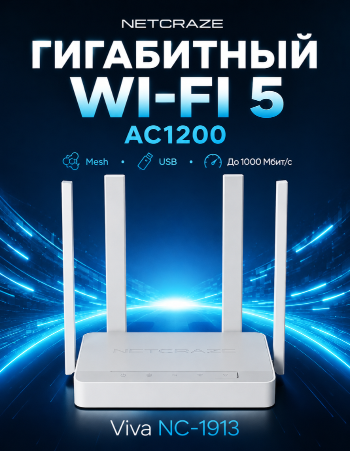 Wi-Fi-роутер Netcraze NC-1913, поддержка Mesh Wi-F, скорость передачи до 867 Мб/с