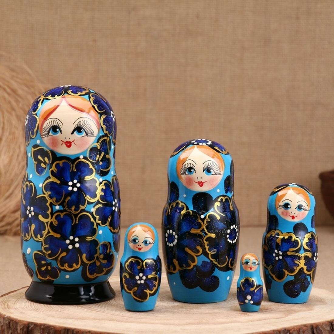 Матрешка дерево "Ромашка", синяя, 5-кукольная, 19 см
