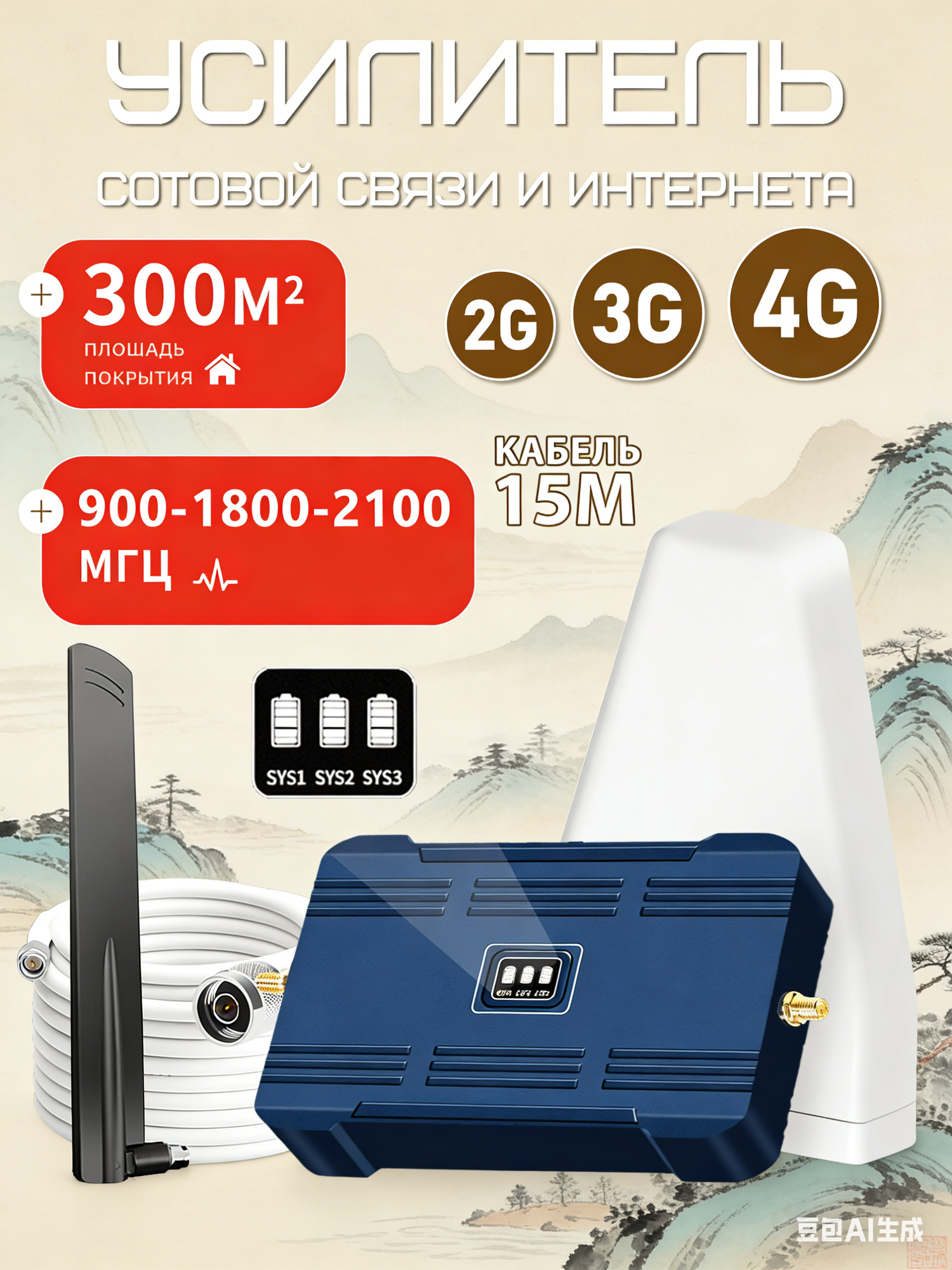 Усилитель сотовой связи 900/1800/2100 МГц (2G/3G/4G): до 70 км, направленный, синий, 1.3 кг