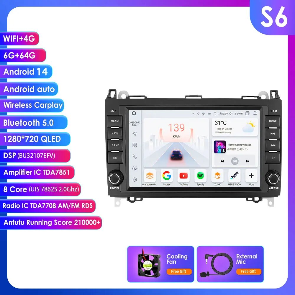 DSP Carplay 4G-LTE 8 дюймов Android 14 автомобильный радиоприемник мультимедийный S6 (8Core 6G 64G)