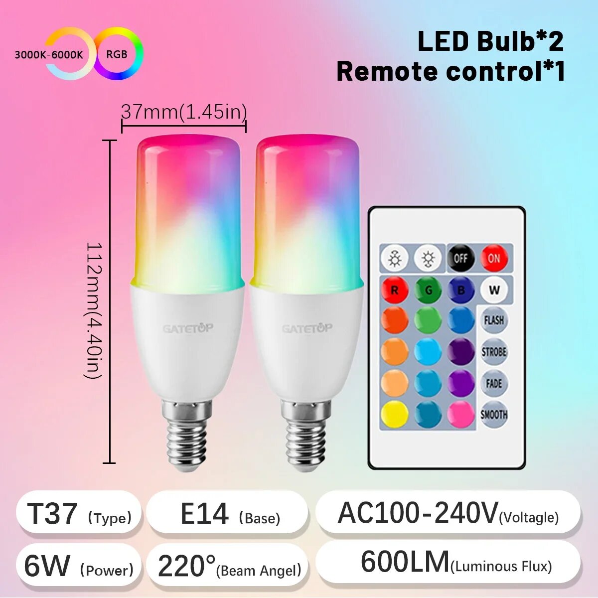 RGB LED лампа Gatetop E14 16 цветов 2pcs, RGB 6000K
