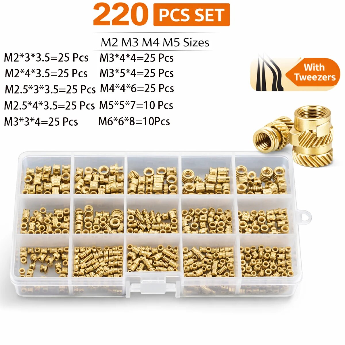 Набор латунных термовставок LIXIU M2 M3 M4 M5 для 3D-печати 220PCS Brass Heat
