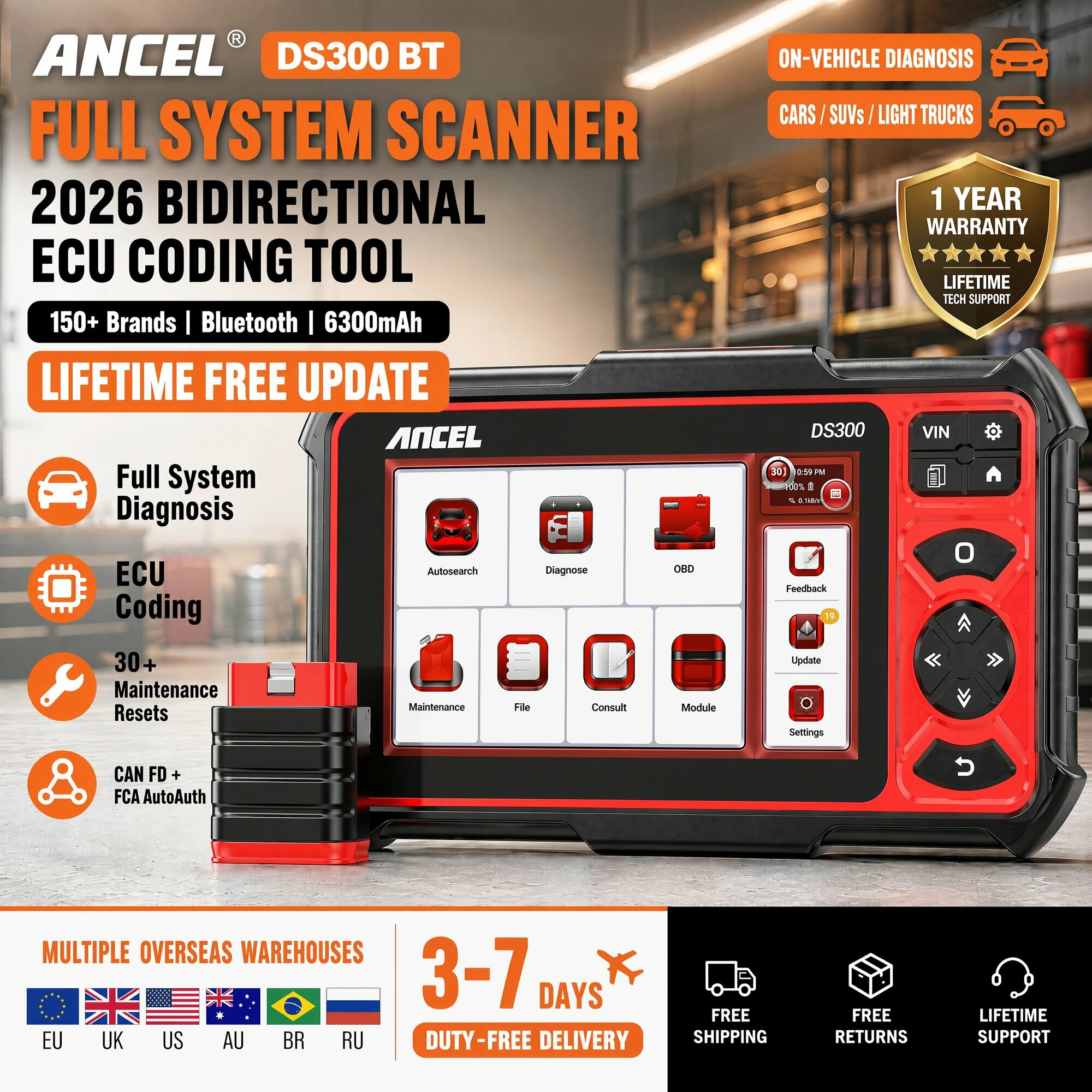 Сканер OBD2 ANCEL DS300 BT FCA AutoAuth 2026 Двунаправленный полносистемный сканер с 30+ сбросами CAN FD Беспроводной диагностический инструмент