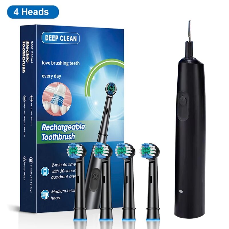 Электрическая зубная щетка Deep Clean, Black, 4 головки