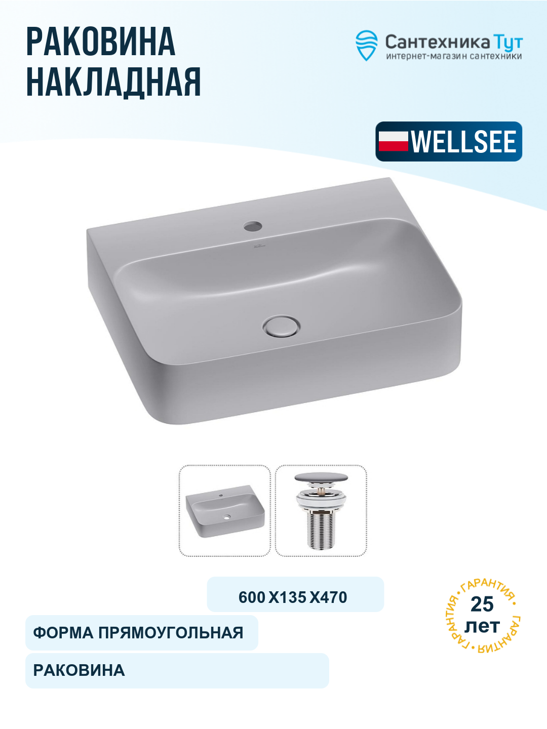 Раковина Wellsee Clermont 60 302611000 цвет Серый матовый